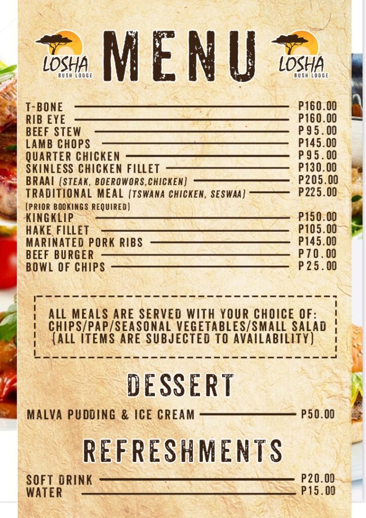 Food Menu - Losha Bush Lodge